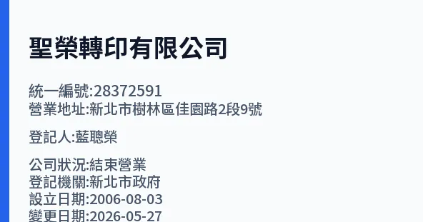 聖榮轉印有限公司的照片-統編 28372591(新北市) 公司登記資料與營業項目詳細圖表