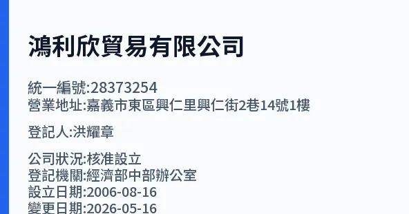 鴻利欣貿易有限公司的照片-統編 28373254(嘉義市) 公司登記資料與營業項目詳細圖表