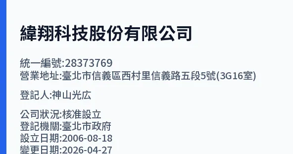 緯翔科技股份有限公司的照片-統編 28373769(臺北市) 公司登記資料與營業項目詳細圖表