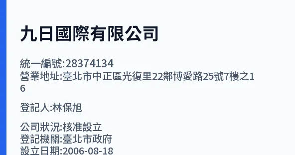 九日國際有限公司的照片-統編 28374134(臺北市) 公司登記資料與營業項目詳細圖表