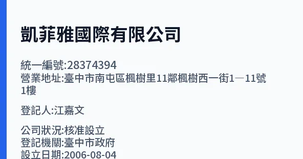 凱菲雅國際有限公司的照片-統編 28374394(臺中市) 公司登記資料與營業項目詳細圖表