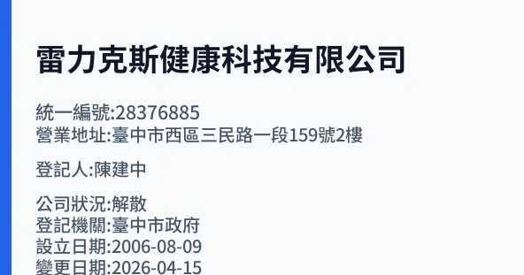 雷力克斯健康科技有限公司的照片-統編 28376885(臺中市) 公司登記資料與營業項目詳細圖表