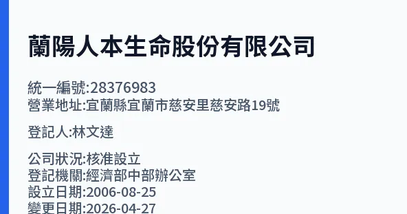 蘭陽人本生命股份有限公司的照片-統編 28376983(宜蘭縣) 公司登記資料與營業項目詳細圖表