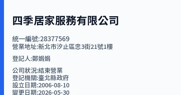 四季居家服務有限公司的照片-統編 28377569(新北市) 公司登記資料與營業項目詳細圖表