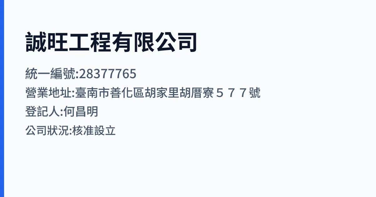 誠旺工程有限公司 - 統編 28377765(新北市) 公司登記資料與營業項目詳細圖表