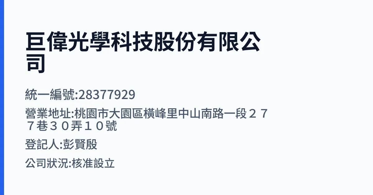 巨偉光學科技股份有限公司 - 統編 28377929(桃園市) 公司登記資料與營業項目詳細圖表