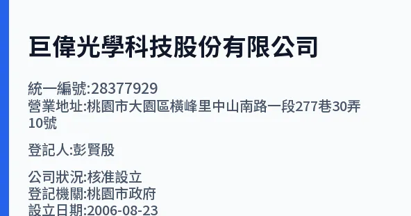 巨偉光學科技股份有限公司的照片-統編 28377929(桃園市) 公司登記資料與營業項目詳細圖表