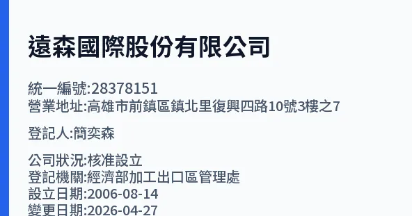 遠森國際股份有限公司的照片-統編 28378151(高雄市) 公司登記資料與營業項目詳細圖表