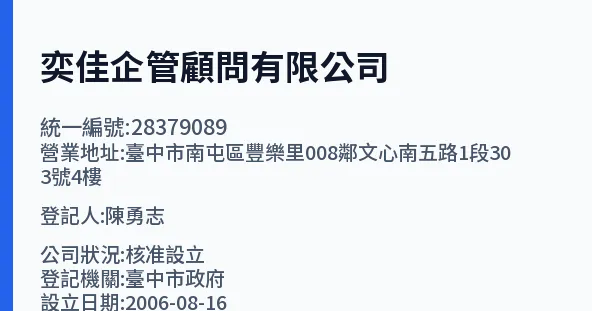 奕佳企管顧問有限公司的照片-統編 28379089(臺中市) 公司登記資料與營業項目詳細圖表