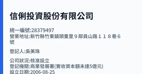 信俐投資股份有限公司的照片-統編 28379497(新竹縣) 公司登記資料與營業項目詳細圖表