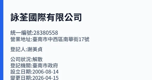 詠荃國際有限公司的照片-統編 28380558(臺南市) 公司登記資料與營業項目詳細圖表