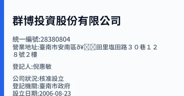群博投資股份有限公司的照片-統編 28380804(臺南市) 公司登記資料與營業項目詳細圖表