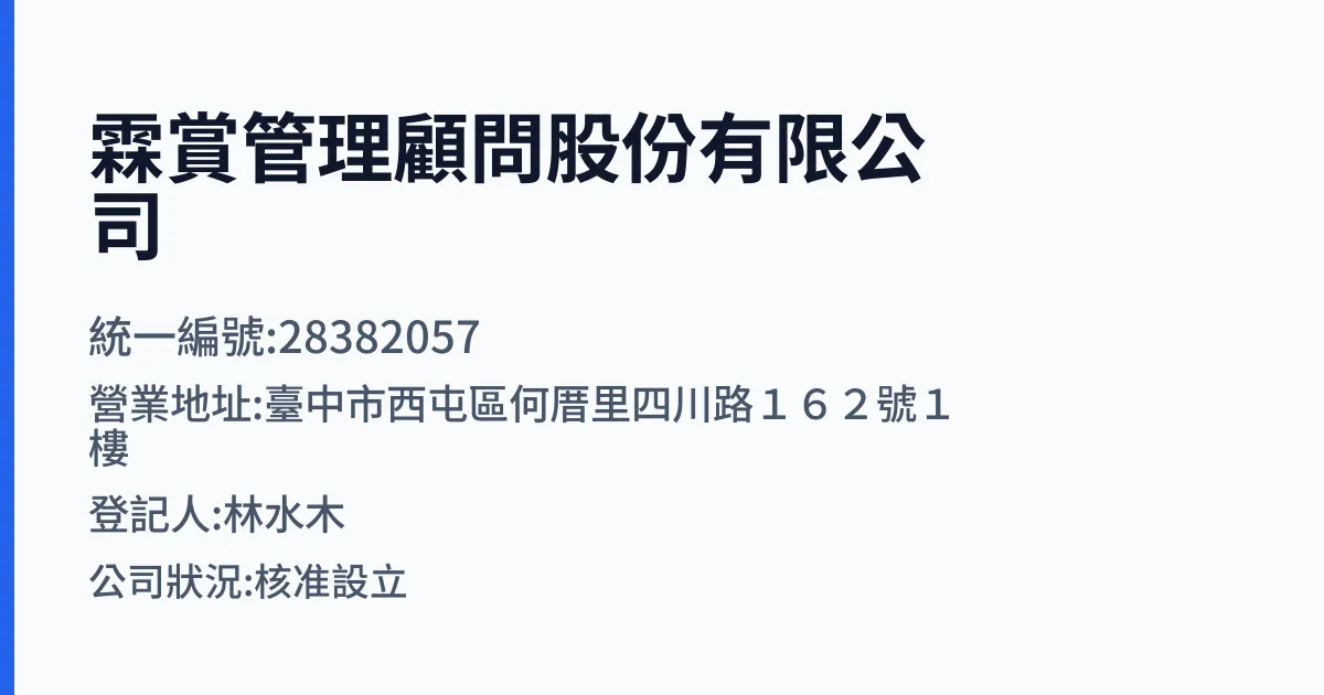 霖賞管理顧問股份有限公司 - 統編 28382057(臺中市) 公司登記資料與營業項目詳細圖表