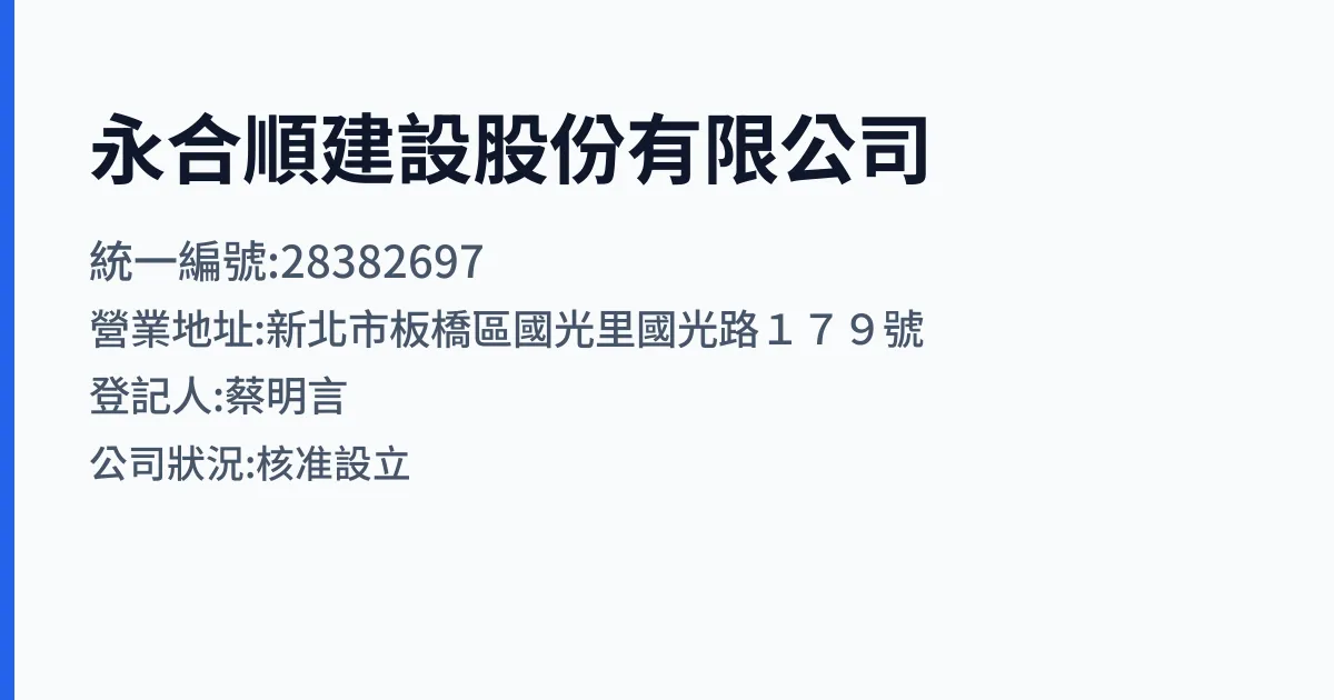 永合順建設股份有限公司 - 統編 28382697(新北市) 公司登記資料與營業項目詳細圖表