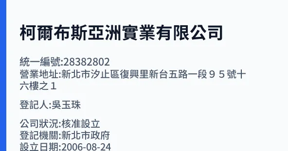 柯爾布斯亞洲實業有限公司的照片-統編 28382802(新北市) 公司登記資料與營業項目詳細圖表