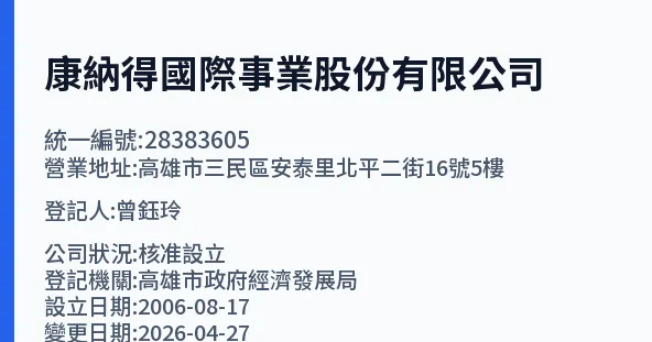 康納得國際事業股份有限公司的照片-統編 28383605(高雄市) 公司登記資料與營業項目詳細圖表