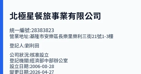 北極星餐旅事業有限公司的照片-統編 28383823(基隆市) 公司登記資料與營業項目詳細圖表