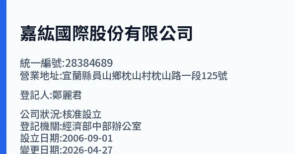 嘉紘國際股份有限公司的照片-統編 28384689(宜蘭縣) 公司登記資料與營業項目詳細圖表