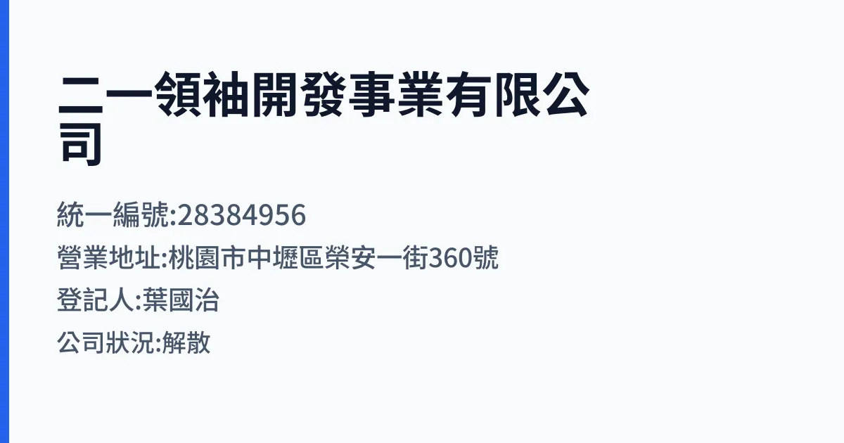 二一領袖開發事業有限公司 - 統編 28384956(桃園市) 公司登記資料與營業項目詳細圖表