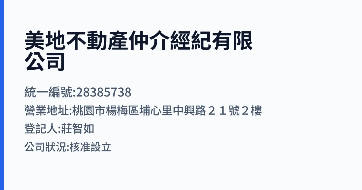 美地不動產仲介經紀有限公司 - 統編 28385738(桃園市) 公司登記資料與營業項目詳細圖表