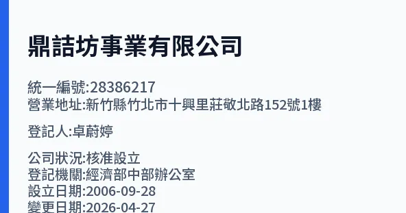 鼎詰坊事業有限公司的照片-統編 28386217(新竹縣) 公司登記資料與營業項目詳細圖表