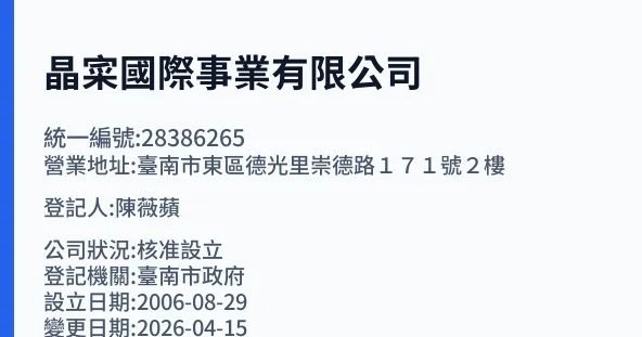 晶寀國際事業有限公司的照片-統編 28386265(臺南市) 公司登記資料與營業項目詳細圖表