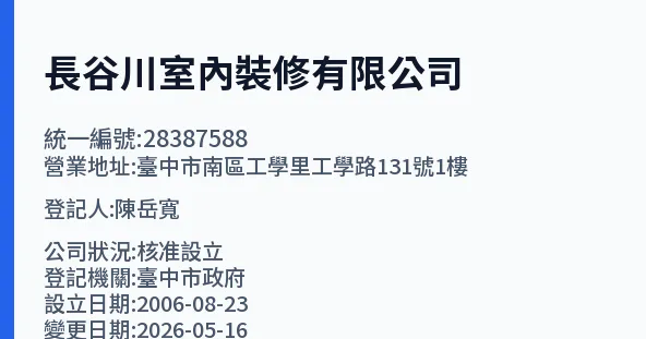 長谷川室內裝修有限公司的照片-統編 28387588(臺中市) 公司登記資料與營業項目詳細圖表