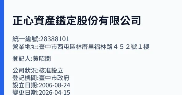 正心資產鑑定股份有限公司的照片-統編 28388101(臺中市) 公司登記資料與營業項目詳細圖表