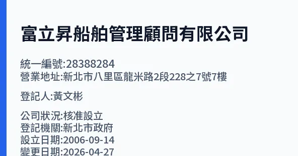 富立昇船舶管理顧問有限公司的照片-統編 28388284(新北市) 公司登記資料與營業項目詳細圖表