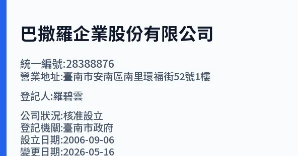 巴撒羅企業股份有限公司的照片-統編 28388876(臺南市) 公司登記資料與營業項目詳細圖表