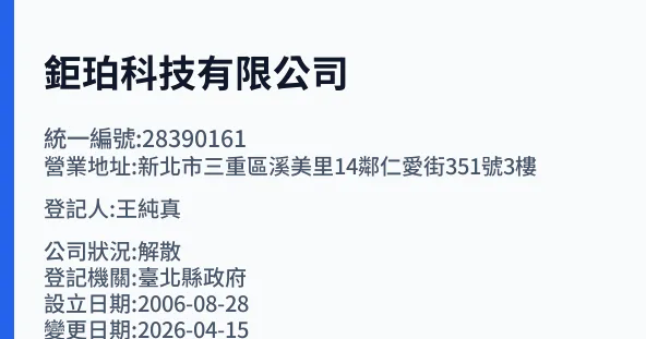鉅珀科技有限公司的照片-統編 28390161(新北市) 公司登記資料與營業項目詳細圖表
