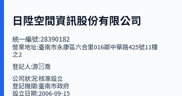 日陞空間資訊股份有限公司的照片-統編 28390182(臺南市) 公司登記資料與營業項目詳細圖表