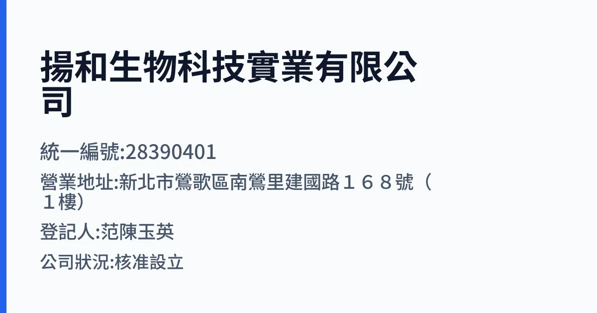 揚和生物科技實業有限公司 - 統編 28390401(新北市) 公司登記資料與營業項目詳細圖表