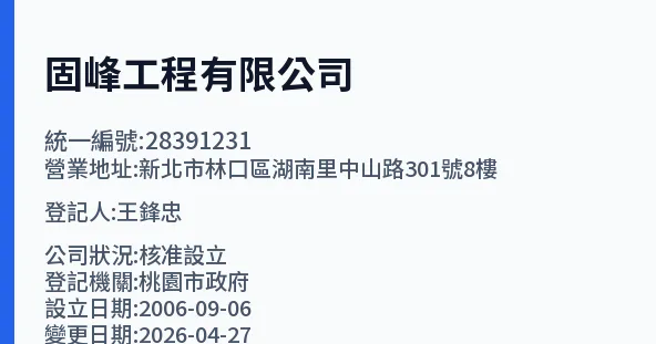 固峰工程有限公司的照片-統編 28391231(新北市) 公司登記資料與營業項目詳細圖表