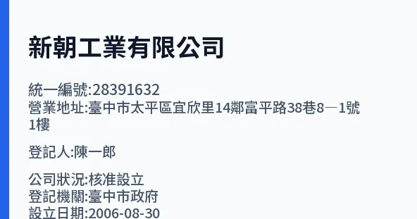 新朝工業有限公司的照片-統編 28391632(臺中市) 公司登記資料與營業項目詳細圖表