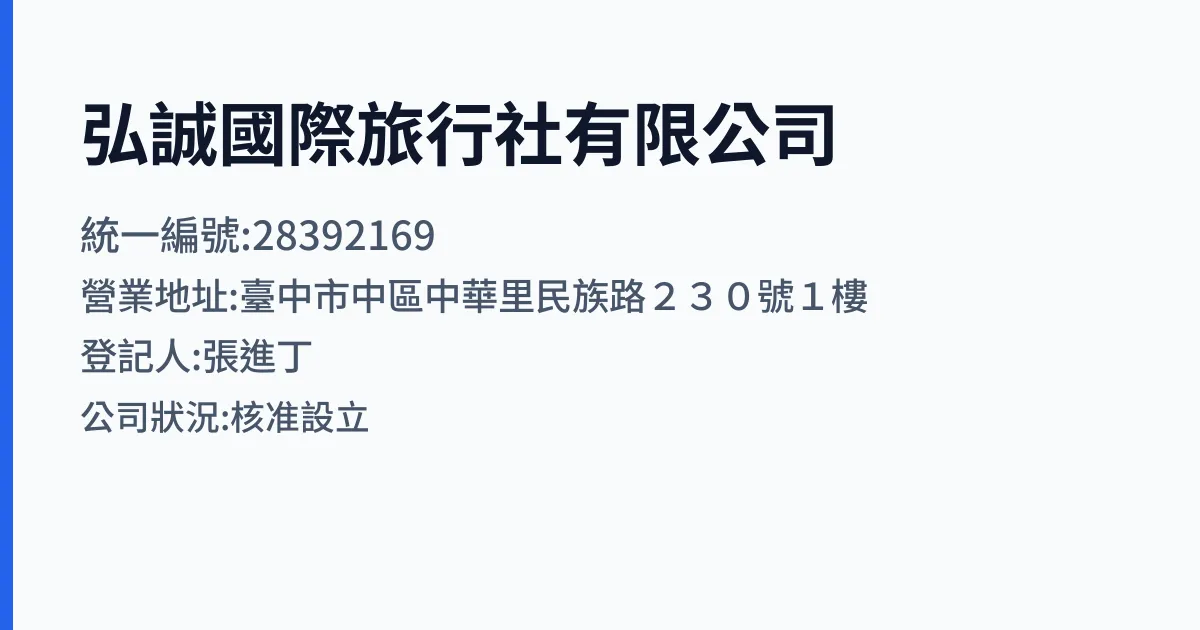 弘誠國際旅行社有限公司 - 統編 28392169(臺中市) 公司登記資料與營業項目詳細圖表