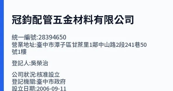冠鈞配管五金材料有限公司的照片-統編 28394650(臺中市) 公司登記資料與營業項目詳細圖表
