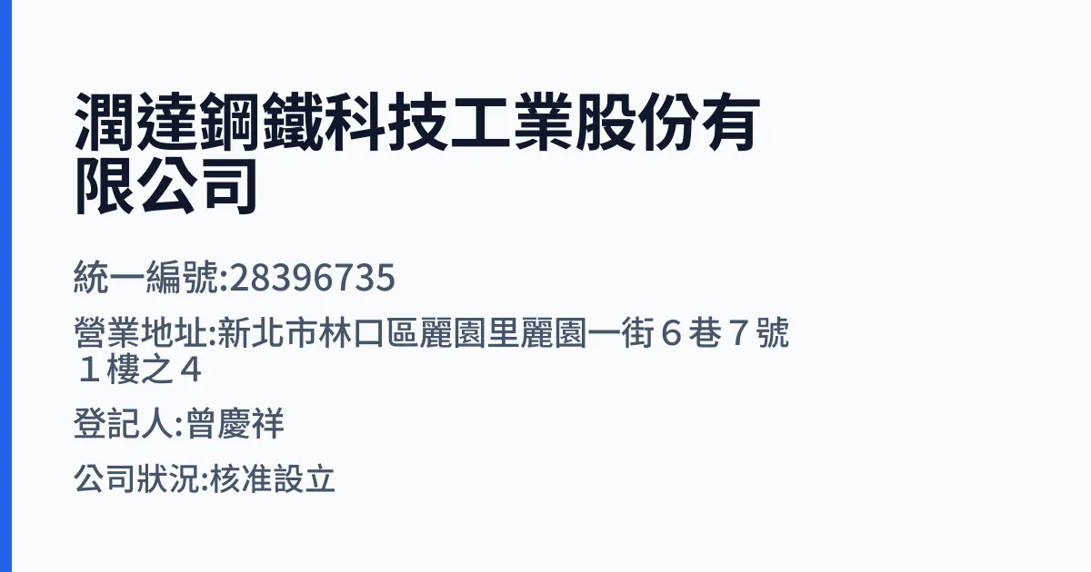 潤達鋼鐵科技工業股份有限公司 - 統編 28396735(新北市) 公司登記資料與營業項目詳細圖表