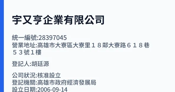宇又亨企業有限公司的照片-統編 28397045(高雄市) 公司登記資料與營業項目詳細圖表