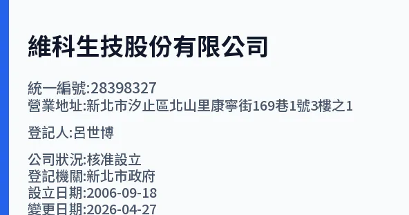 維科生技股份有限公司的照片-統編 28398327(新北市) 公司登記資料與營業項目詳細圖表