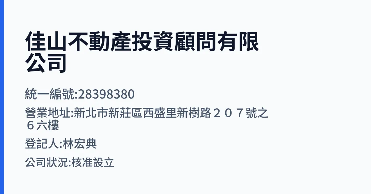 佳山不動產投資顧問有限公司 - 統編 28398380(新北市) 公司登記資料與營業項目詳細圖表