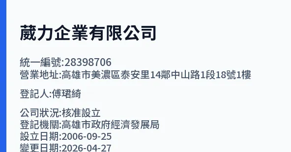 葳力企業有限公司的照片-統編 28398706(高雄市) 公司登記資料與營業項目詳細圖表