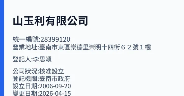 山玉利有限公司的照片-統編 28399120(臺南市) 公司登記資料與營業項目詳細圖表