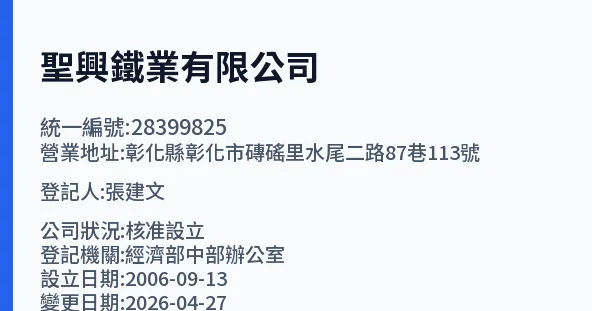 聖興鐵業有限公司的照片-統編 28399825(彰化縣) 公司登記資料與營業項目詳細圖表