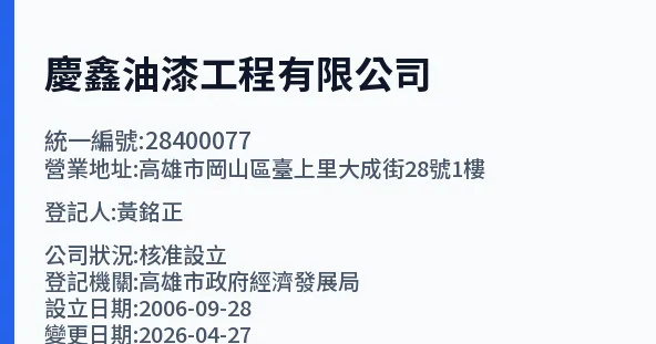 慶鑫油漆工程有限公司的照片-統編 28400077(高雄市) 公司登記資料與營業項目詳細圖表