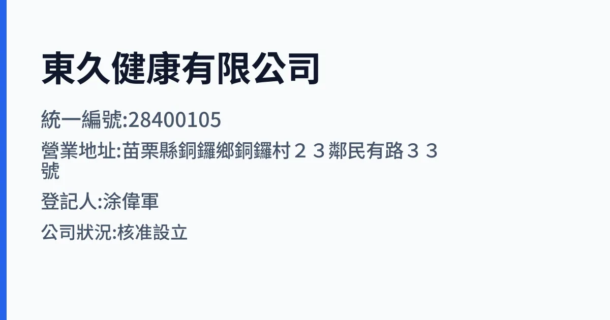 東久健康有限公司 - 統編 28400105(苗栗縣) 公司登記資料與營業項目詳細圖表