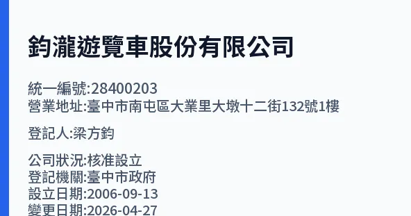 鈞瀧遊覽車股份有限公司的照片-統編 28400203(臺中市) 公司登記資料與營業項目詳細圖表
