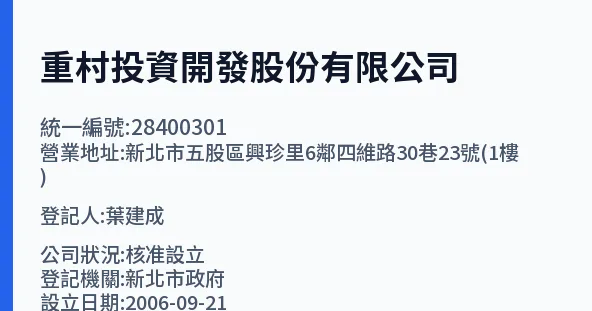 重村投資開發股份有限公司的照片-統編 28400301(新北市) 公司登記資料與營業項目詳細圖表