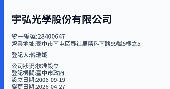 宇弘光學股份有限公司的照片-統編 28400647(臺中市) 公司登記資料與營業項目詳細圖表