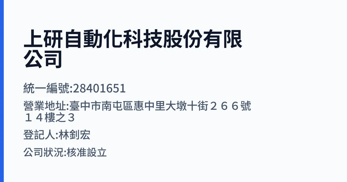 上研自動化科技股份有限公司 - 統編 28401651（臺中市） 公司登記資料與營業項目詳細圖表